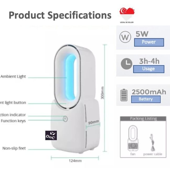 Bladeless Fan Table & Bedside Fan No Blade Fan Portable with Ambient ...