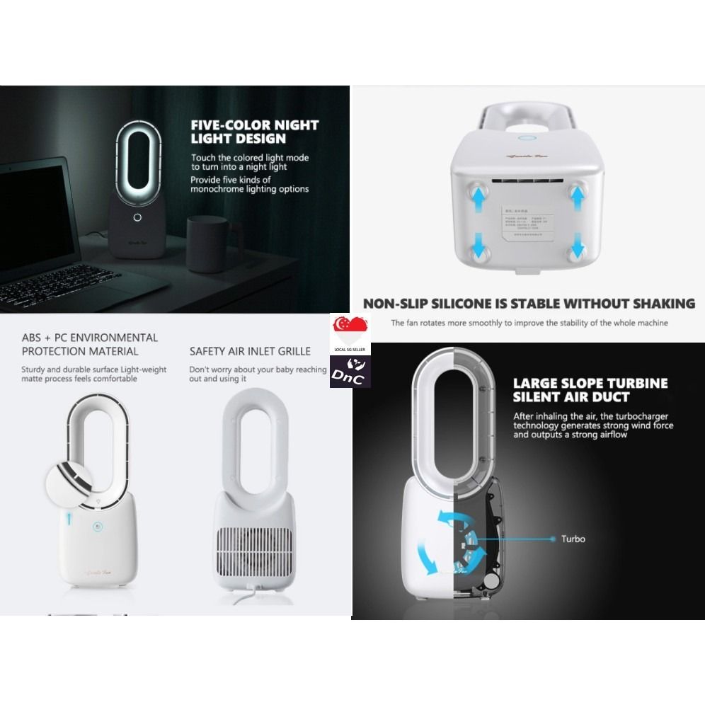 Bladeless Fan Table & Bedside Fan No Blade Fan Portable with Ambient ...