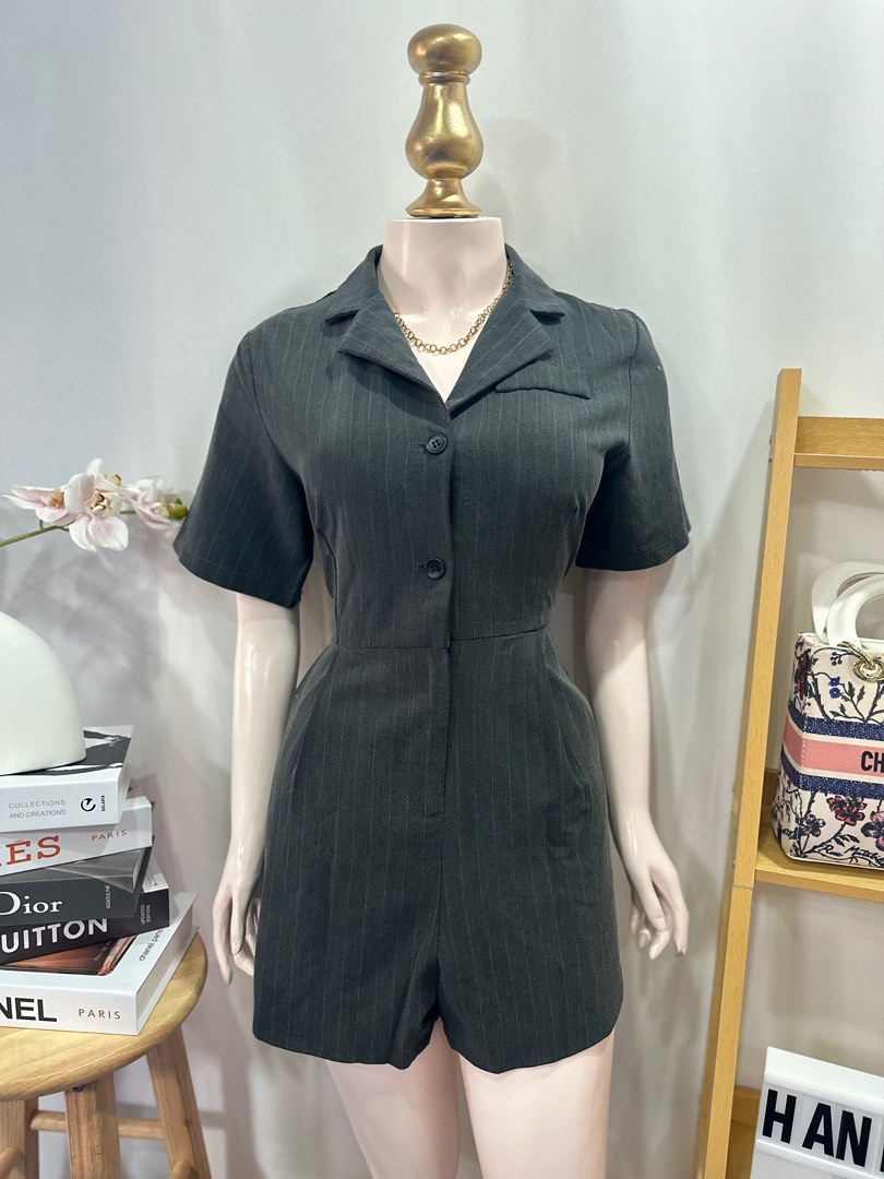 Gray Front Button Romper, Women's Fashion, Dresses & Sets, Rompers on ...