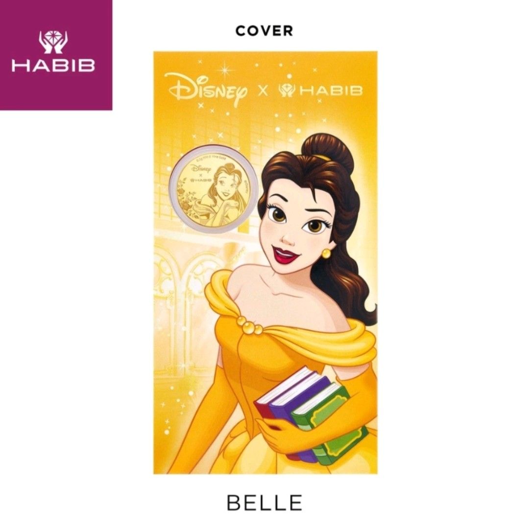 HABIB x Disney Princess Belle Gold Wafer Coin 999.9 Gold 0.2g, Hobbies ...