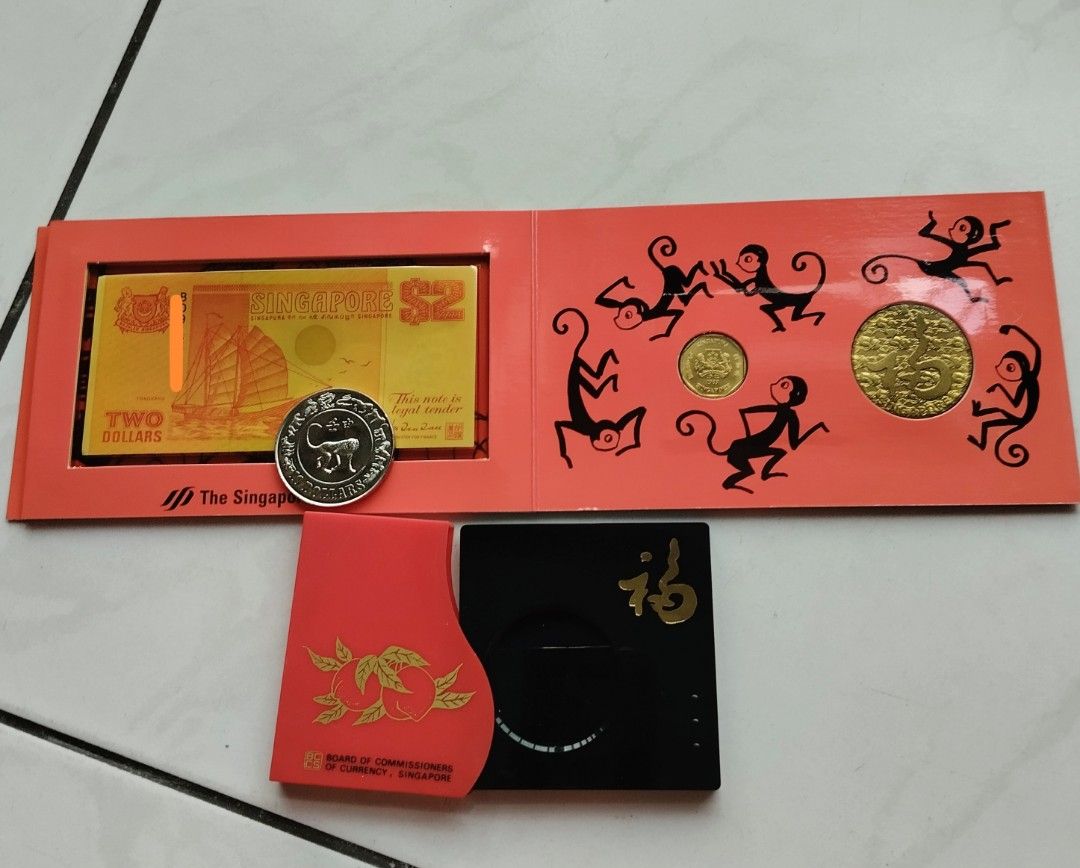Lot of 1992 Lunar Monkey Singapore $10 coin and Banknote, Medallion ...