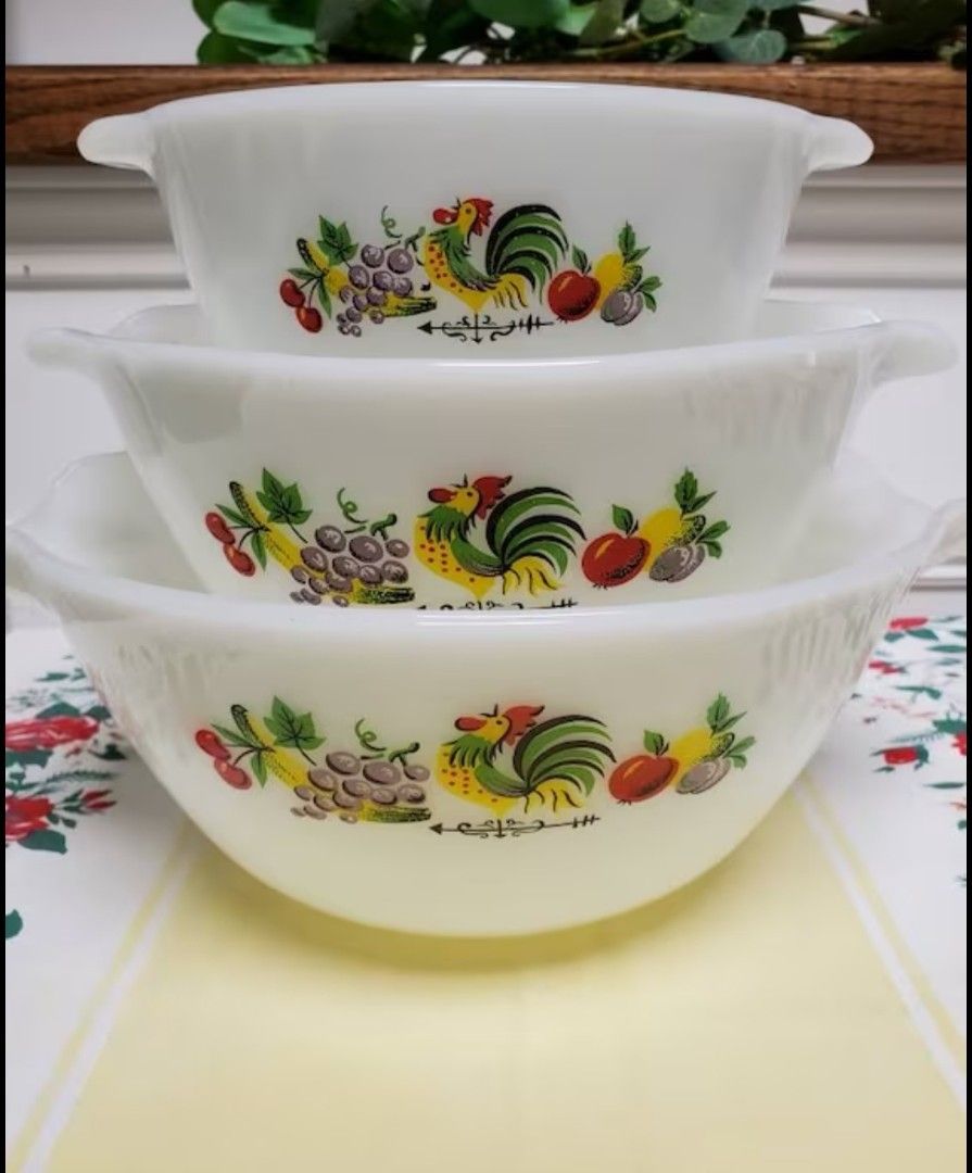Set of 3 Vintage Chanticleer Anchor Hocking Fire King Rooster Nesting ...