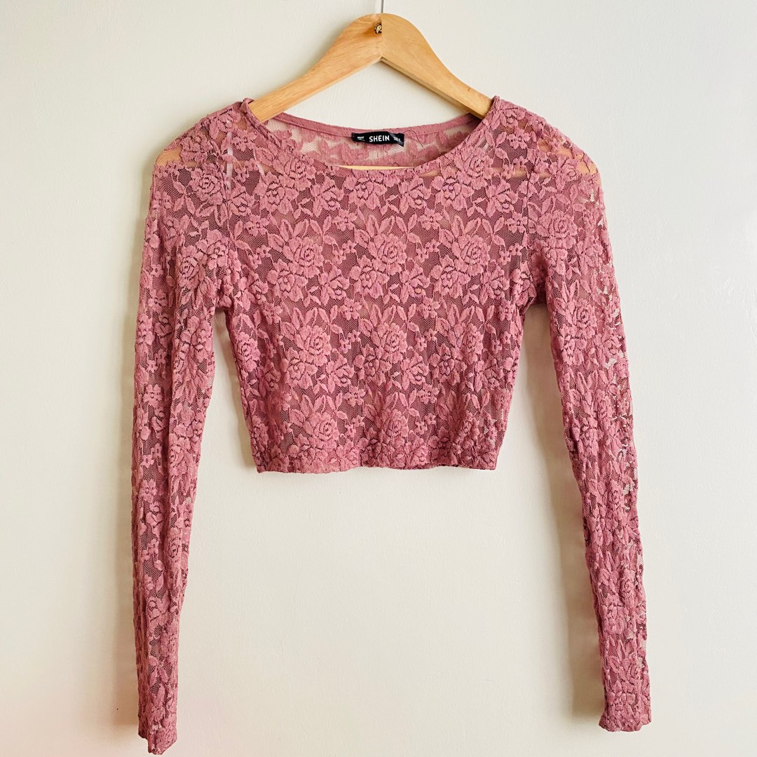 Shein Lace Cropped Old Rose Top, Women's Fashion, Tops, Blouses on ...