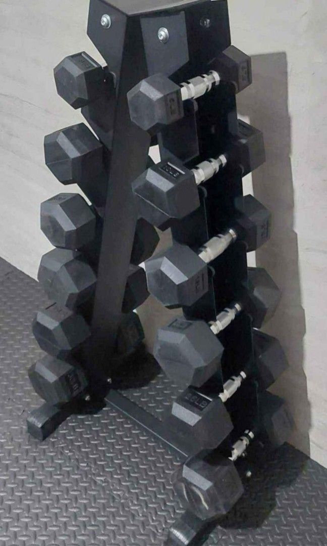 5to30lbs rubberized hexagonal dumbbell with rack, Sports Equipment ...