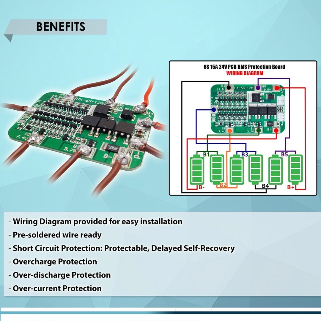 6S 15A 24V BMS 18650 PROTECTION BOARD with WIRE, LI-ION LITHIUM BATTERY ...
