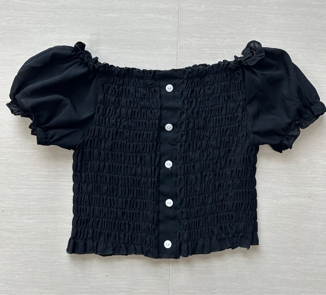 Black Smocked Top, Women's Fashion, Tops, Other Tops on Carousell