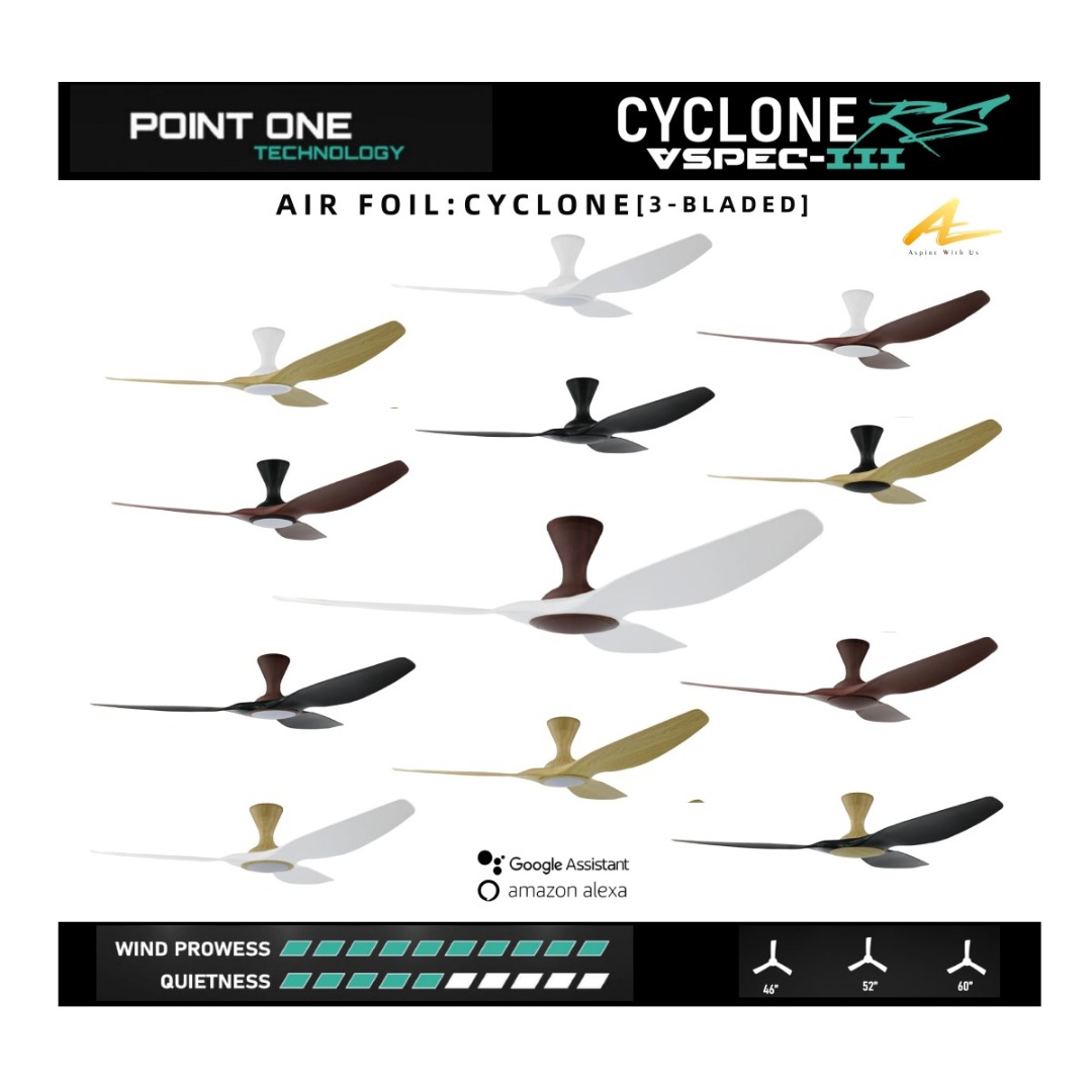 Ceiling Fan PO RS Cyclone 3 Blade Smart DC Motor 46" 52" 60" Strong ...