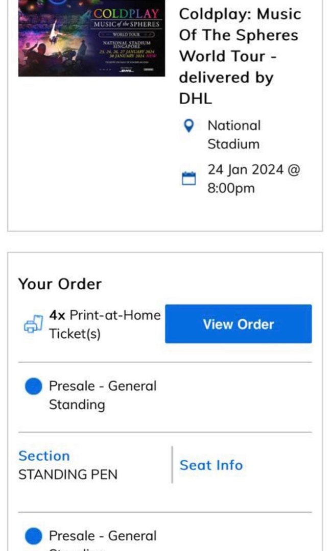 Coldplay Standing Pen -24th, Tickets & Vouchers, Event Tickets on Carousell