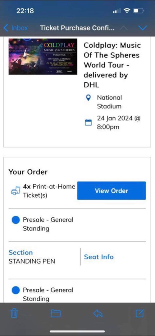 Coldplay ticket -24 th Standing pen, Tickets & Vouchers, Event Tickets ...