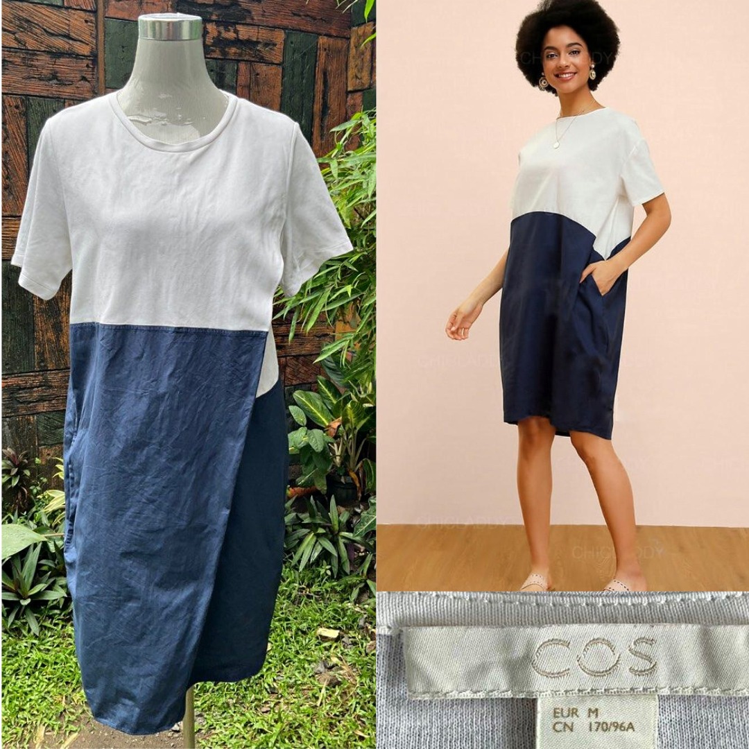 COS Asymmetrical White/ Navy Blue Dress MADE IN TURKEY cos of Sweden ...