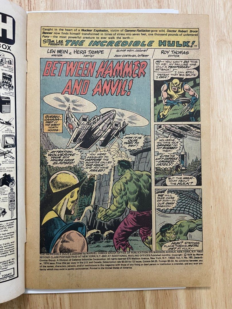 Incredible Hulk #182 (1974) 3rd Appearance of Wolverine!, Hobbies ...