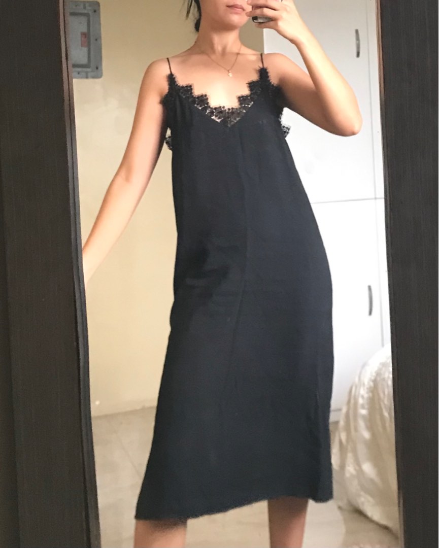 Linen- Black Midi Nighties Dress w/ Slit, Women's Fashion, Dresses ...