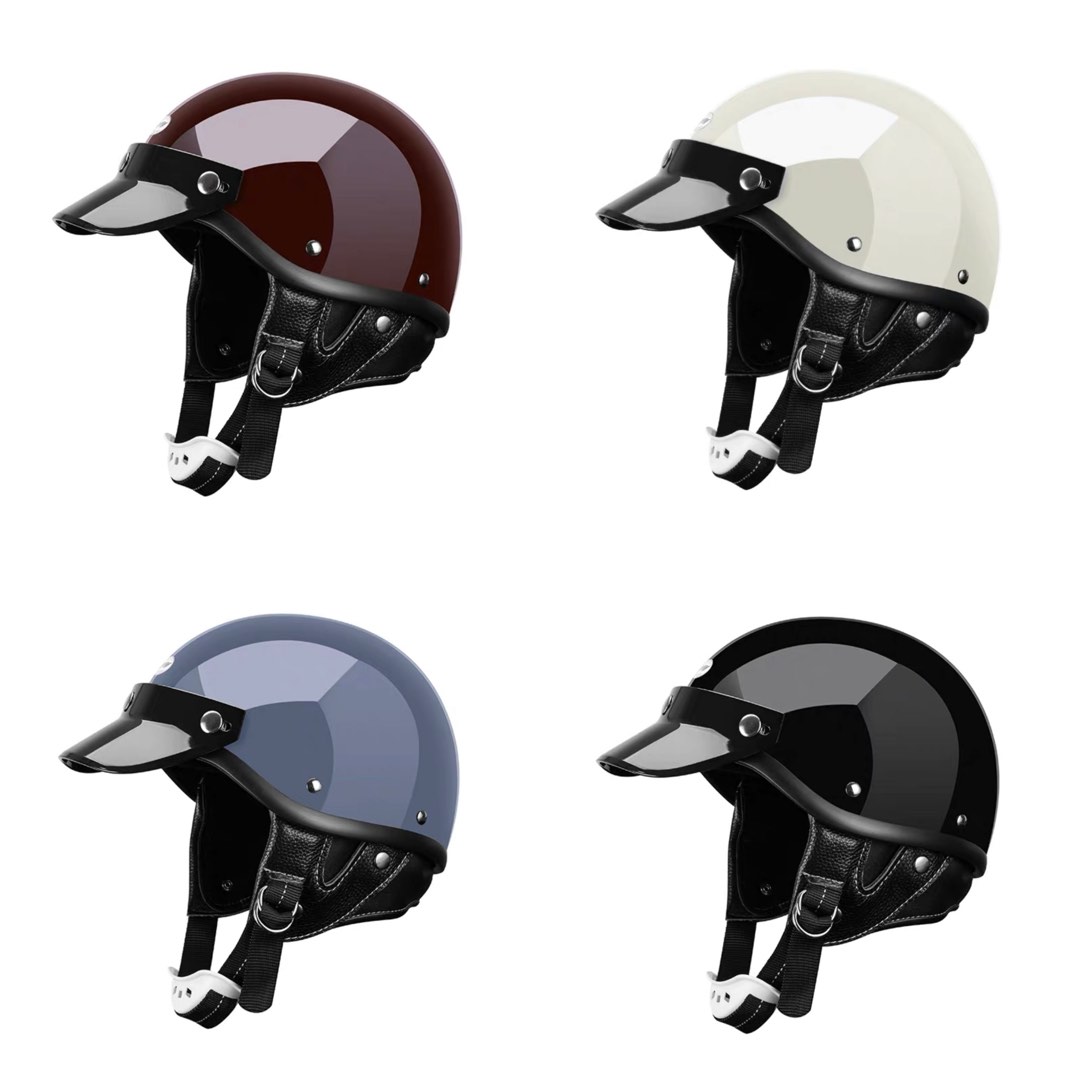Many Colours/Designs with Peak Beak Visor Half Cap Motorcycle Helmet ...