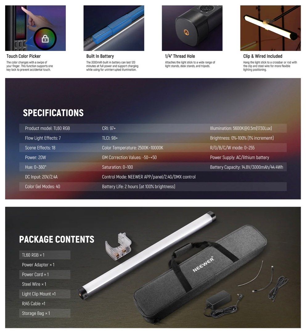 NEEWER TL60 RGB Tube Light Stick, Photography, Photography Accessories ...