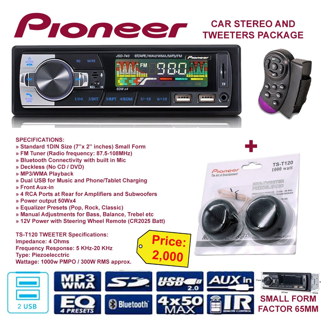 Pioneer BT Car Stereo 1DIN FM USB with Pioneer TS-T120 Tweeters Package ...