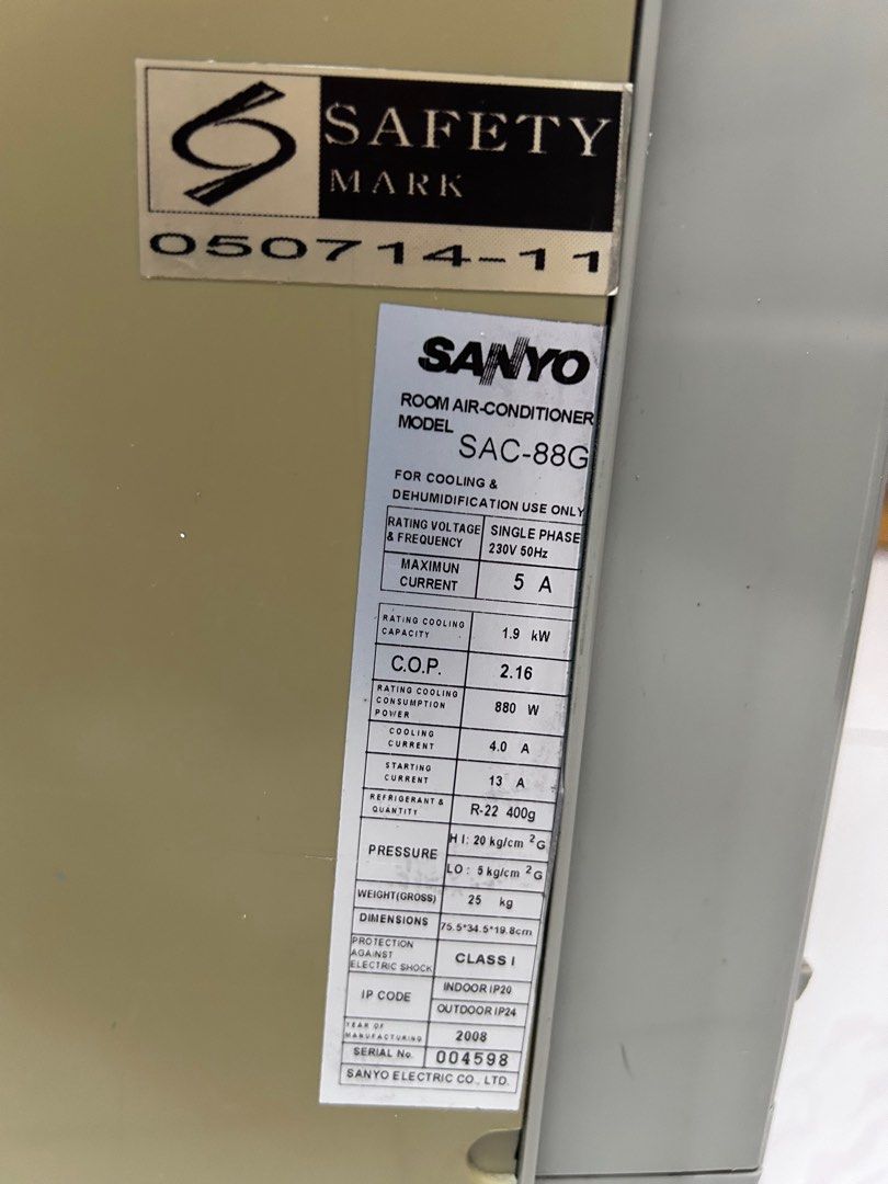 Used Sanyo casement aircon (SAC-88G) @ $80 (without remote control), TV ...
