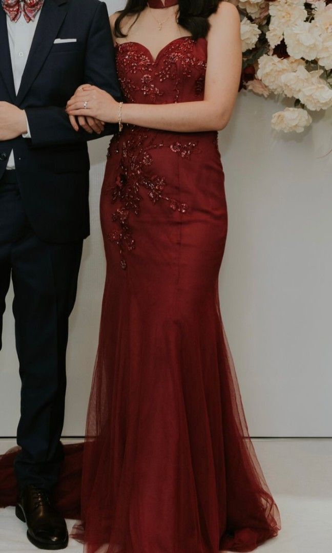 W.aisle Evening Gown Maroon Modern Cheong Sam/ Qi Pao With Embellished ...