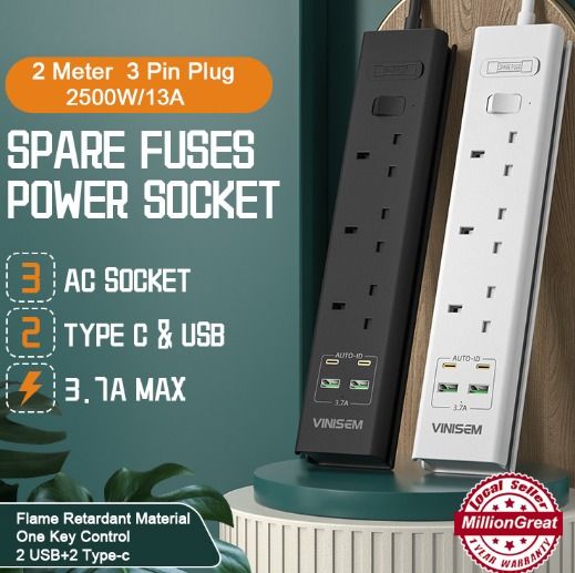 Way Extension Socket with USB+Type-c extension plug 2m Extension Cordv ...