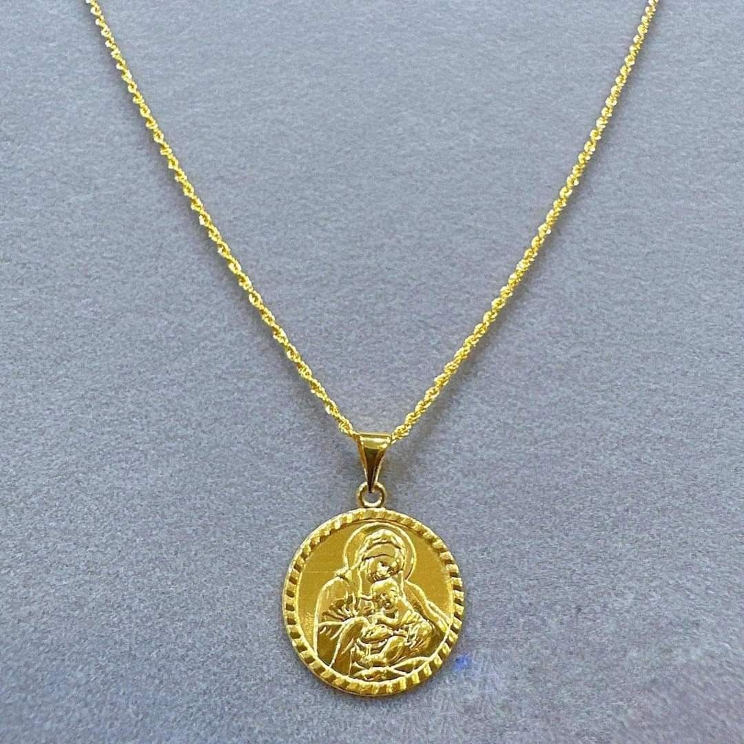 18K SAUDI GOLD MAMA MARY AND BABY JESUS PENDANT 16" 18" 20" ROPE CHAIN ...