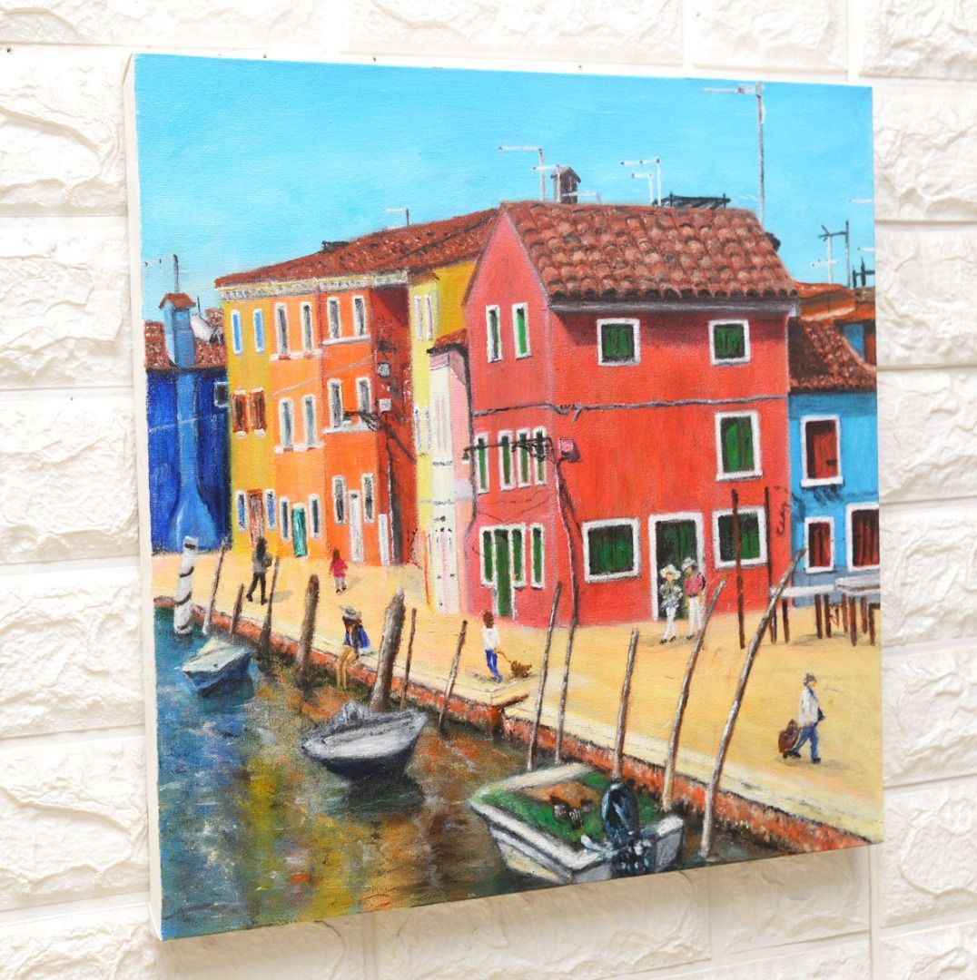 Lukisan Kanvas Acrylic 100% Asli 40x40-Enjoying Day in Burano Italy, Desain & Kerajinan Tangan ...