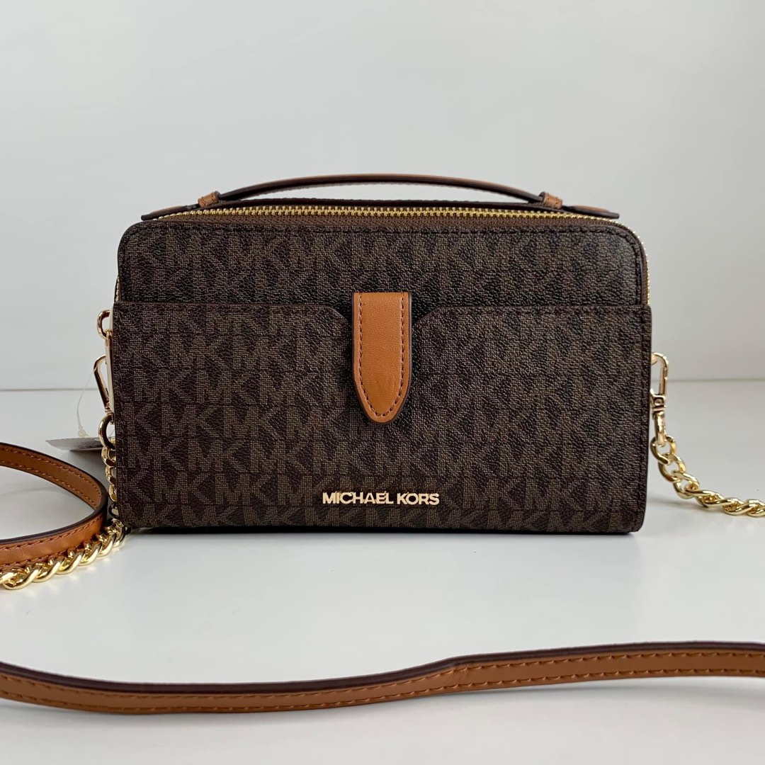 MK DOUBLE ZIP PHONE CROSSBODY (brown), Women's Fashion, Bags & Wallets ...