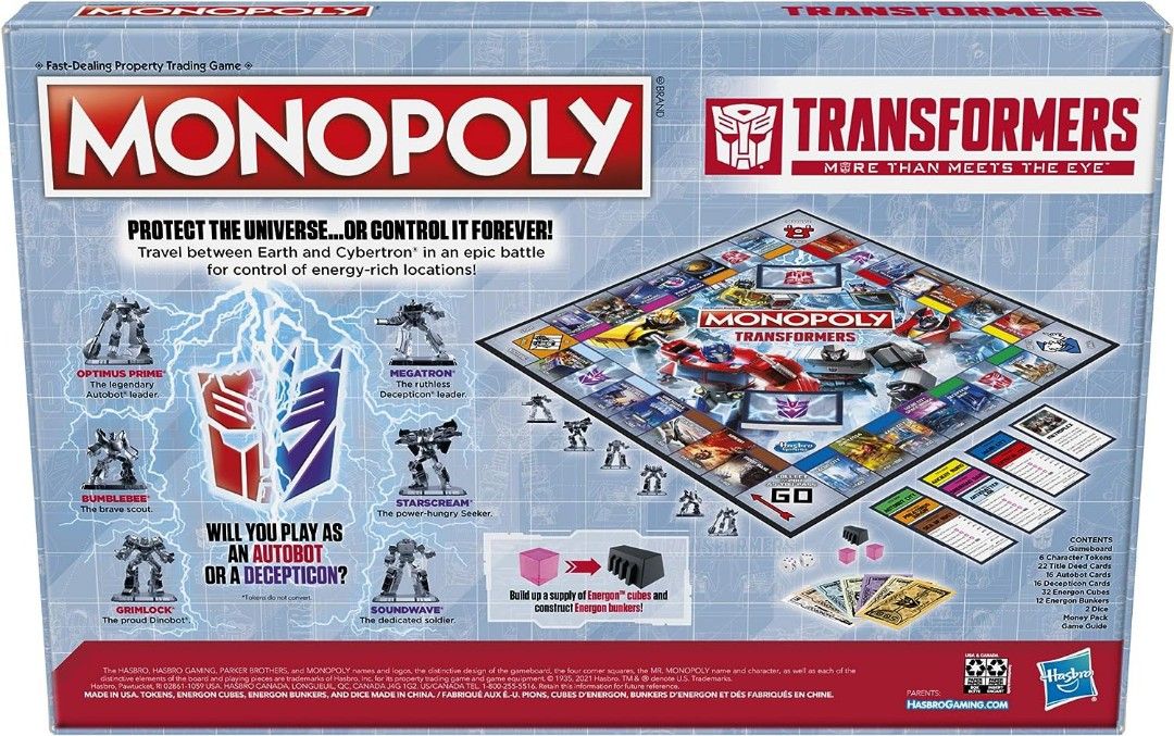 MONOPOLY Transformers Edition Board Game for 2-6 Players Kids Ages 8 ...