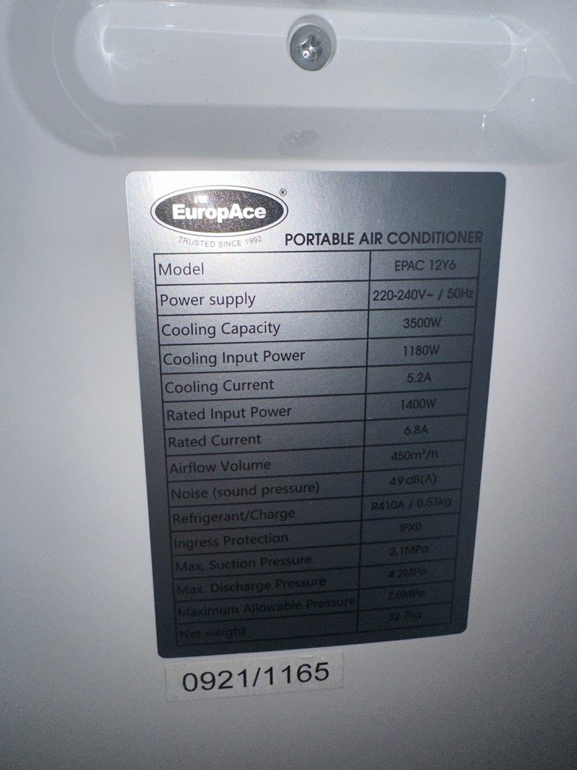 Portable air condition Europace EPAC 12Y6 Early 2022 model (12BTU), TV & Home Appliances, Air ...