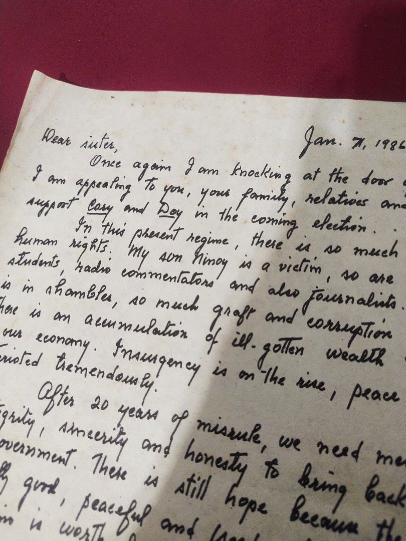 Printed Hand-Written Letter from Ninoy's MOTHER urging people to vote ...