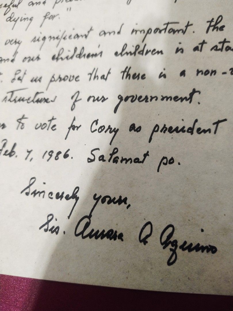 Printed Hand-Written Letter from Ninoy's MOTHER urging people to vote ...