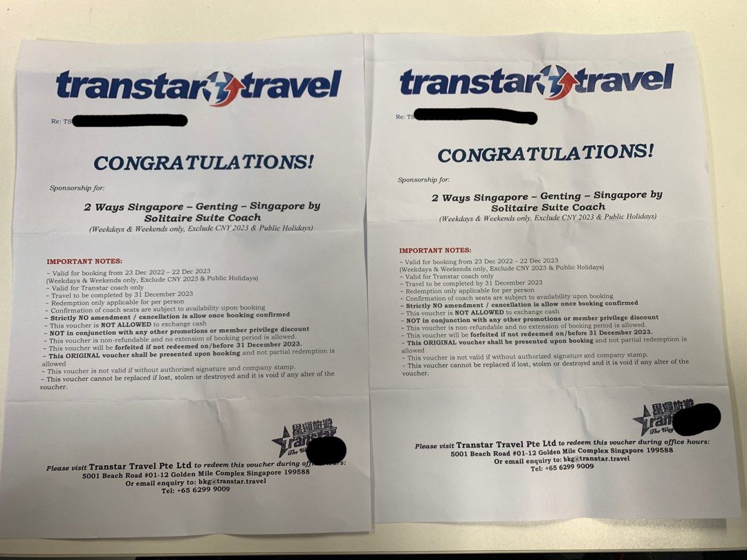 Transtar Solitaire coach tickets 2-way SIN to Genting x 2pax, Tickets ...