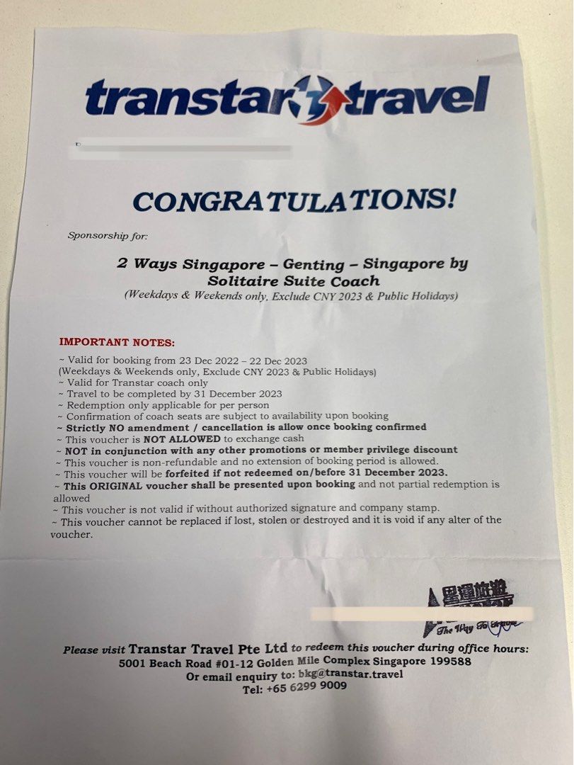 Transtar Solitaire coach tickets 2-way SIN to Genting x 2pax, Tickets ...