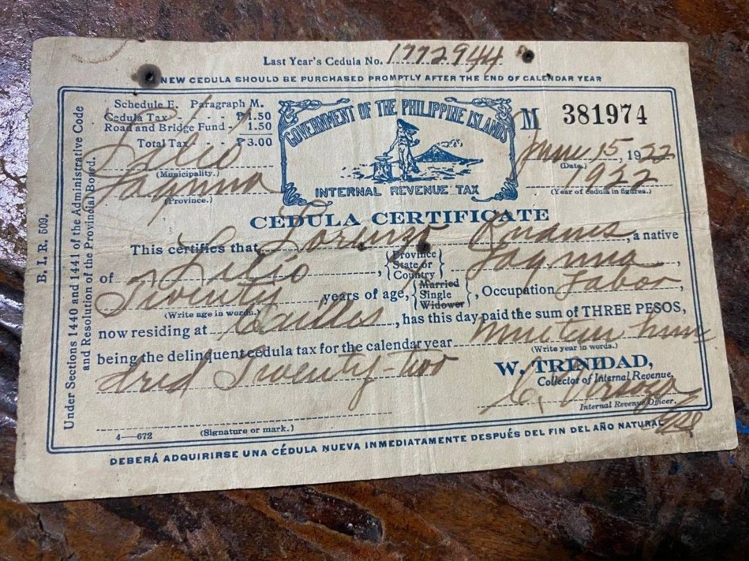 Antique Cedula Philippine Islands 1920s to 30s, Hobbies & Toys ...