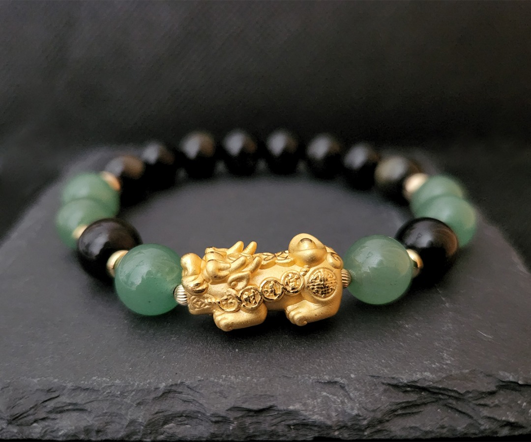Pixiu with Green Aventurine and Golden Sheen Obsidian Crystal Bracelet ...