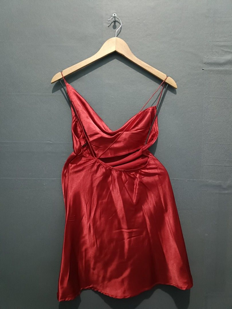 SHEIN Silk Fiery Red Draped Neck Asymmetrical Open Back Event Party ...