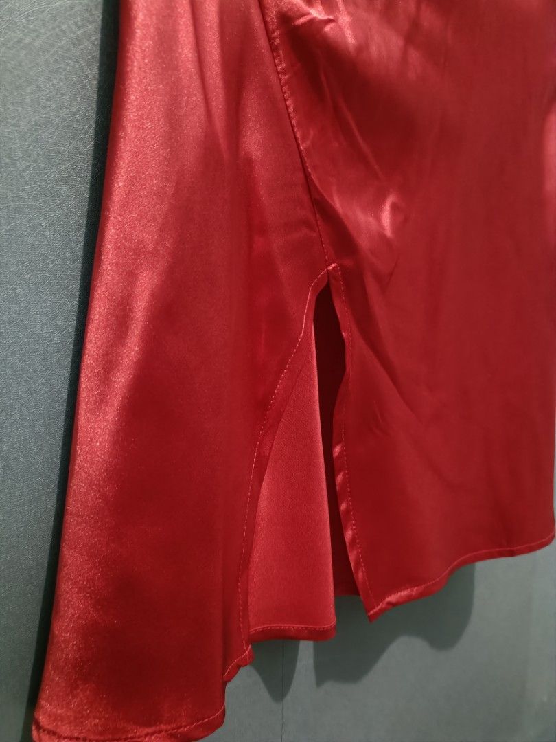 SHEIN Silk Fiery Red Draped Neck Asymmetrical Open Back Event Party ...