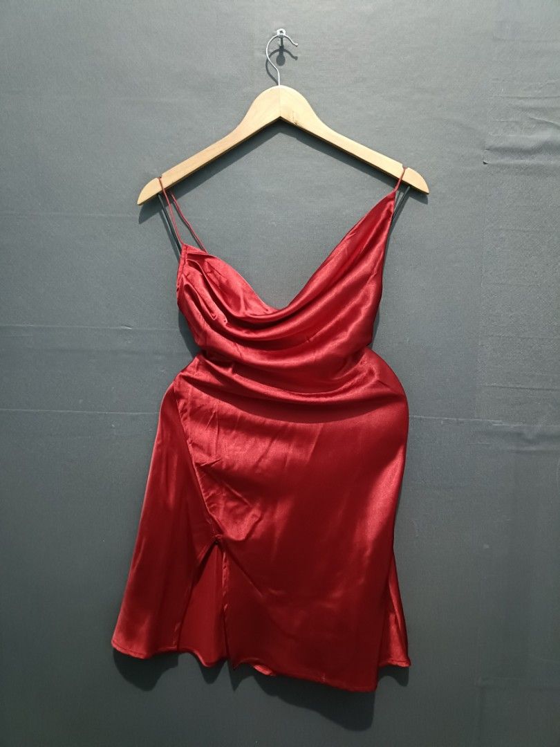 SHEIN Silk Fiery Red Draped Neck Asymmetrical Open Back Event Party ...
