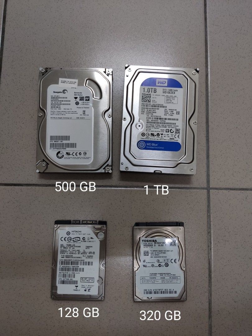 Free Hard Drives. Assorted HDD. 1 TB, 500 GB, 320 GB, 128 GB. Check ...