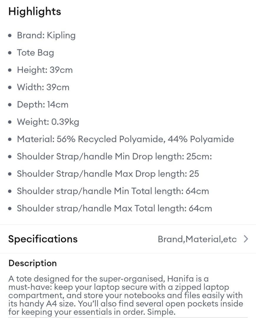 Kipling HANIFA Black Noir Tote Bag, Women's Fashion, Bags & Wallets ...