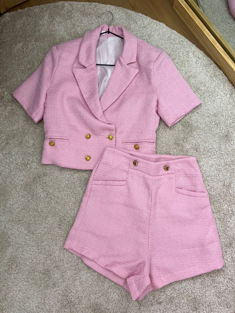 Pink tweed coords blazer shorts, Women's Fashion, Dresses & Sets, Sets ...