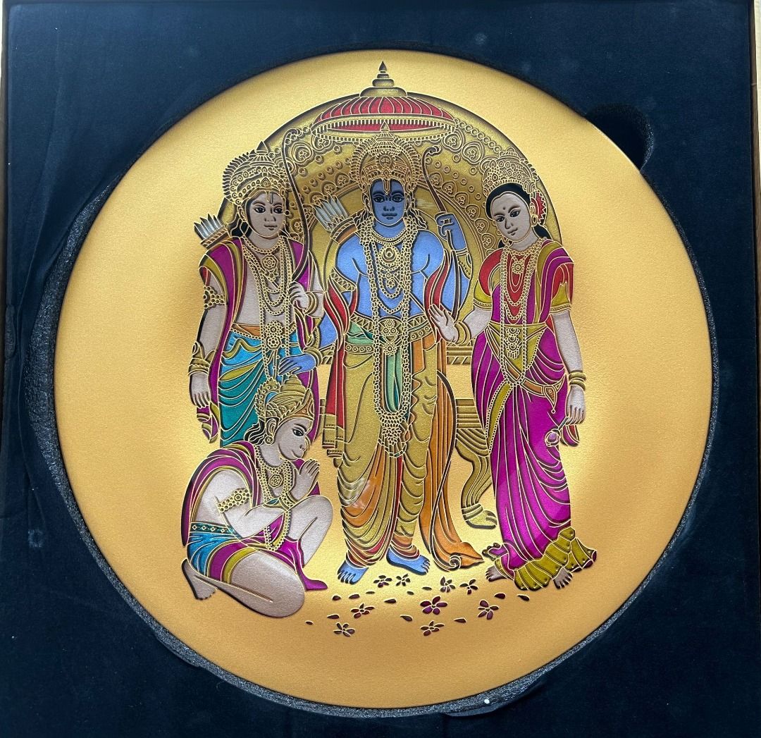 Ram Darbar engraved glass plate with 24Karat Gold Leaf Plating, Furniture & Home Living, Home ...