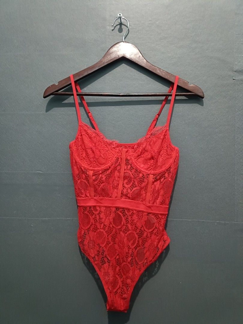 Sexy Red Lace Cami Strap Bodysuit, Women's Fashion, Dresses & Sets ...