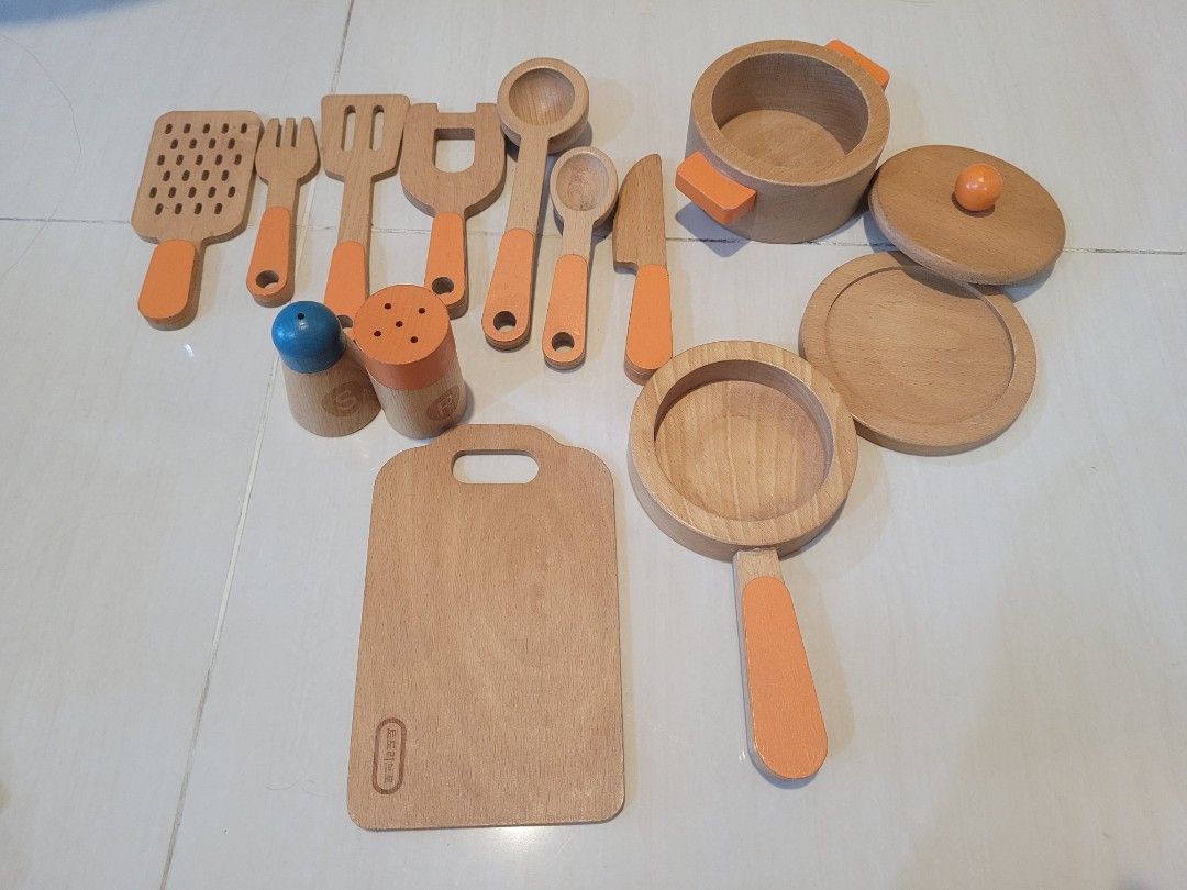 Wooden kitchen utensils + cutable velcro fruits & normal fruits toy ...