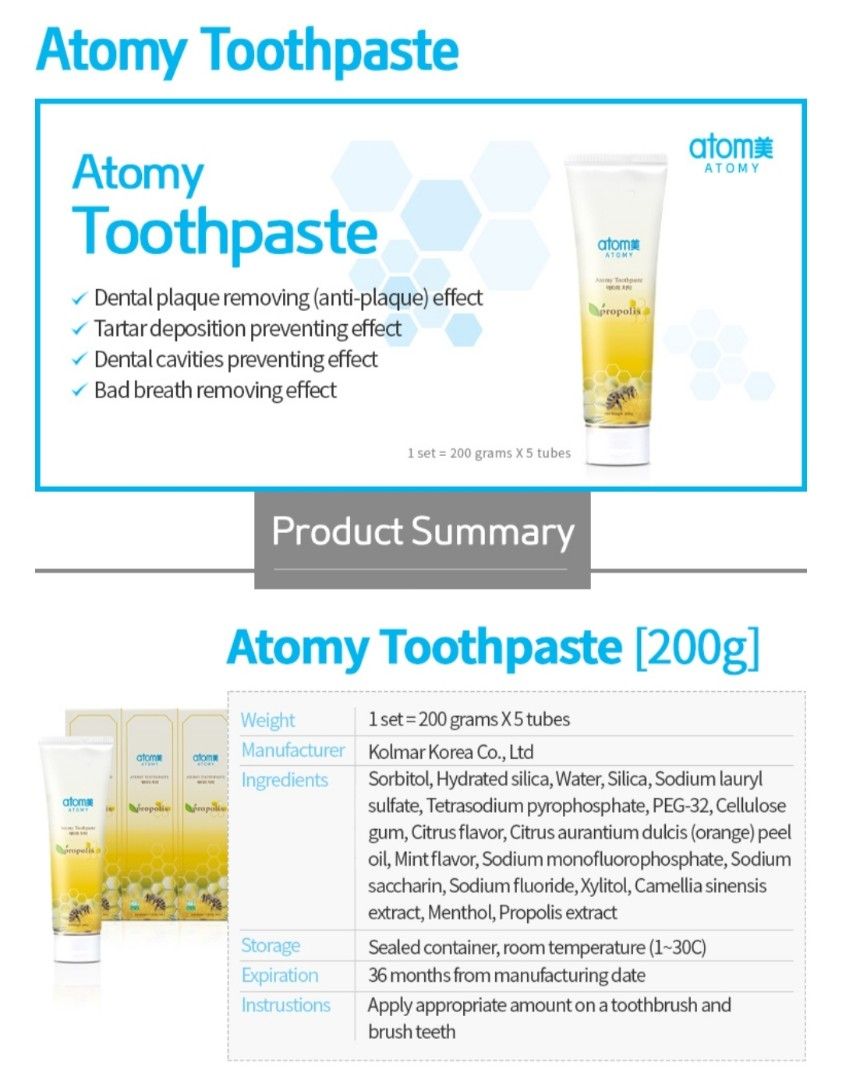 Atomy toothpaste 200g*5, Beauty & Personal Care, Oral Care on Carousell