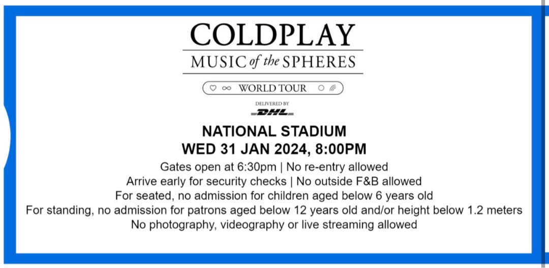 Coldplay Ticket 1 Pax Cat 8, Tickets & Vouchers, Event Tickets on Carousell