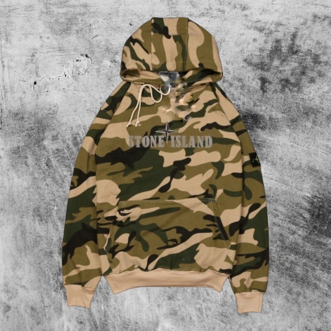 Hoodie Stone Island Classic Logo Camo Loreng Coklat, Fesyen Pria ...