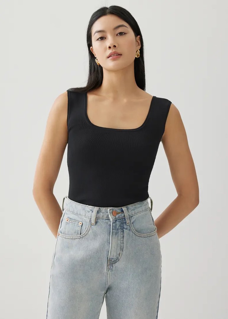 LB Lovella Knit Square Neck Tank in Black, Women's Fashion, Tops, Sleeveless on Carousell