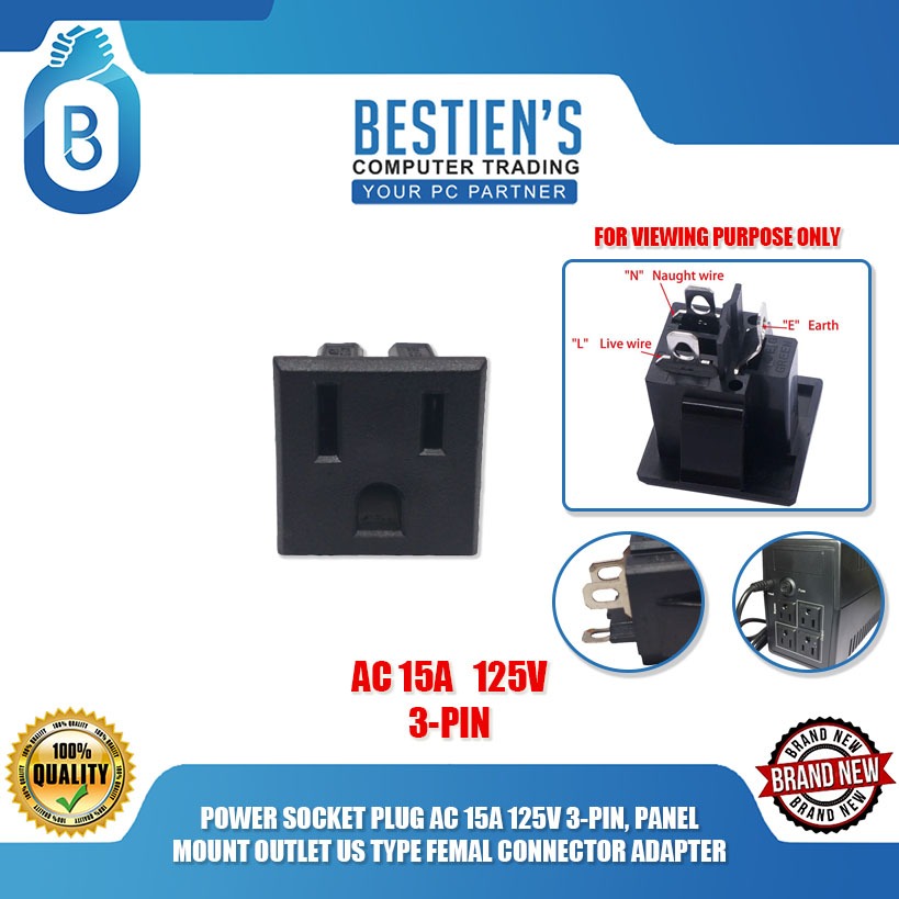 POWER SOCKET PLUG AC 15A 125V 3-PIN, PANEL MOUNT OUTLET US TYPE FEMAL ...