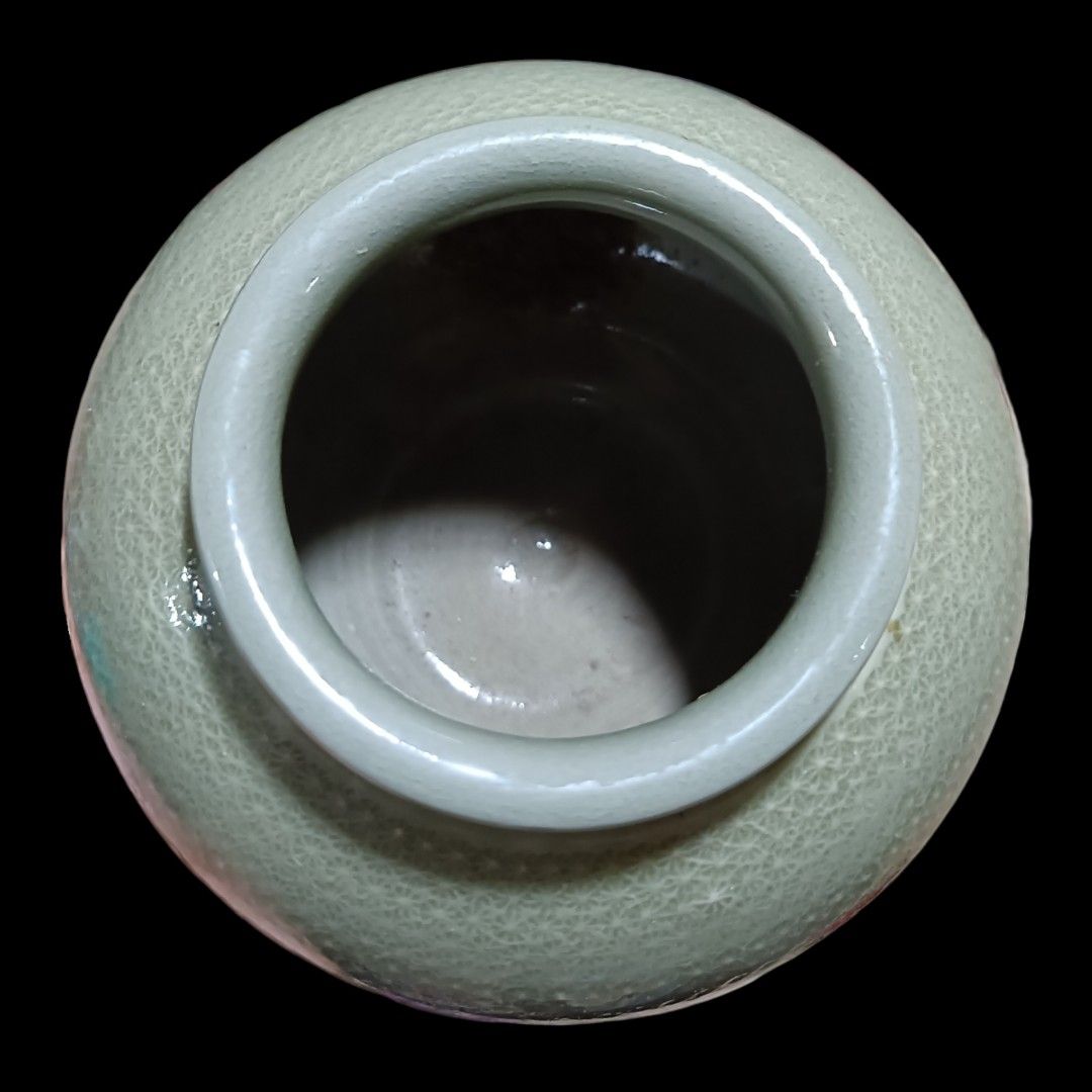 Vintage Small Round Celadon Vase with Meticulously Detailed Incised ...