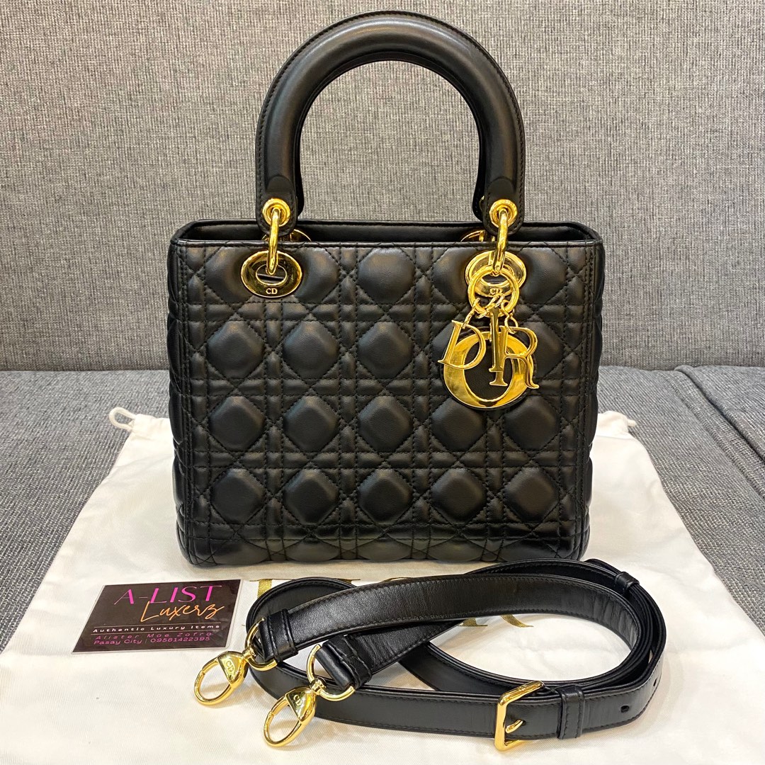 AUTHENTIC CD LADY DIOR MEDIUM BAG IN BLACK CANNAGE LAMBSKIN LEATHER ...