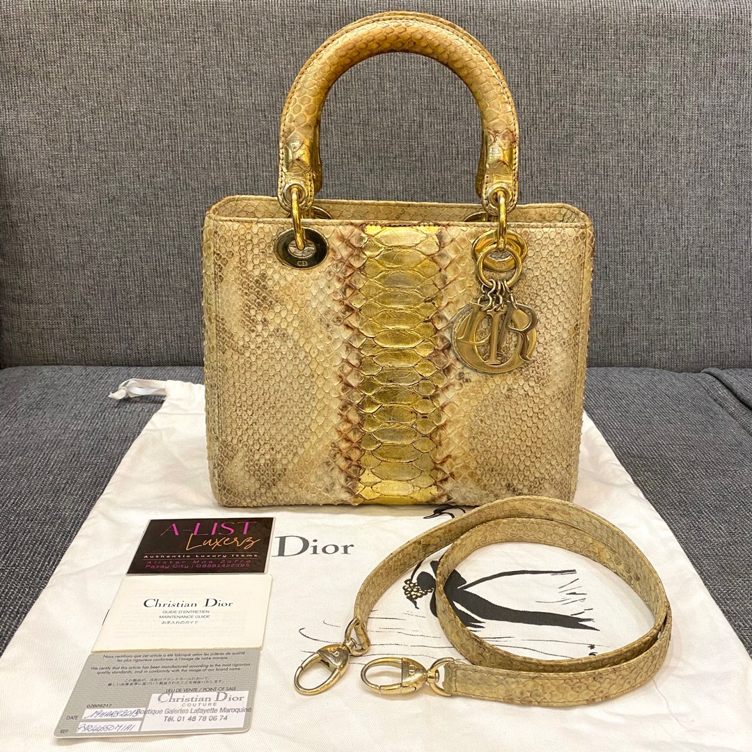AUTHENTIC CD LADY DIOR MEDIUM BAG IN BEIGE/GOLD PYTHON EXOTIC, Luxury ...